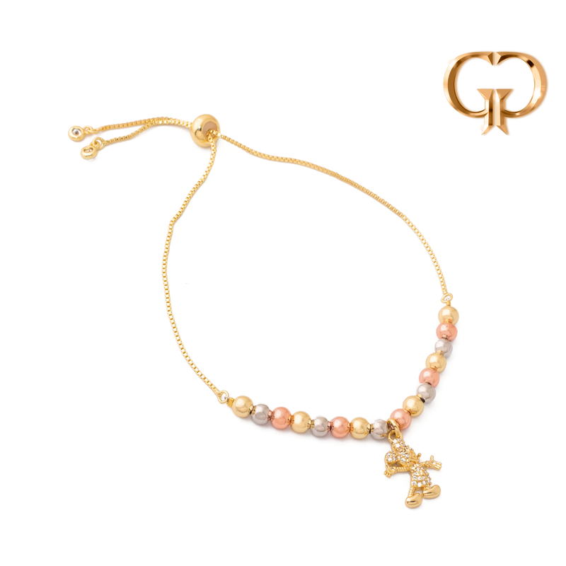 P788 - PULSERA BOLAS 3 TONOS DIJE MICKY AJUSTABLE , COVER GOLD